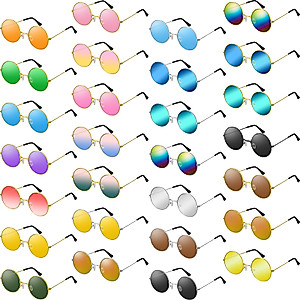 BOUBONI 28 Pairs Hippie Sunglasses 28 Colors Round Hippie Glasses 60s 70s Outfits Groovy Party Decorations Sunglasses for Women Men with Colored Glasses Cloth for Disco Party Favors