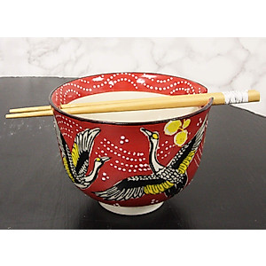 Ebros Gift Red Sky Flying Crane Ramen Udong Noodles 5" Diameter Bowl With Built In Chopsticks Rest and Bamboo Chopstick Set for Dining Soup Rice Meal Cereal Bowls Decor Kitchen Asian Fusion