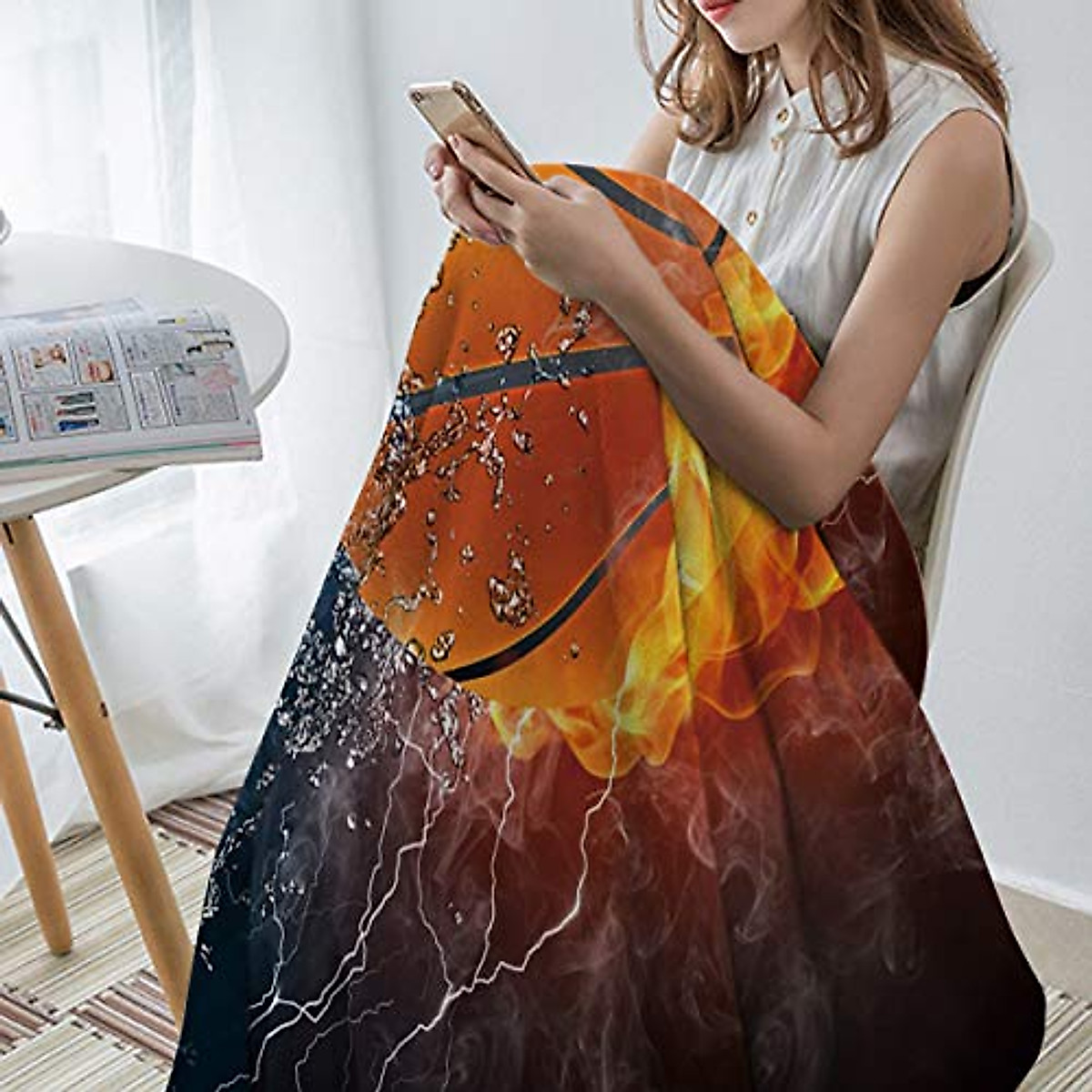 Ultra Soft Flannel Fleece Bed Blanket Basketball on Fire and Water Flame Splashing Lightning Throw Blanket All Season Warm Fuzzy Light Weight Cozy Plush Blankets for Living Room/Bedroom 40 x 50 inches