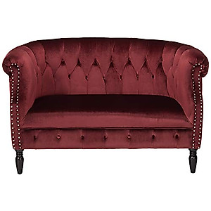 Great Deal Furniture Melaina Tufted Chesterfield Velvet Loveseat with Scrolled Arms, Garnet and Dark Brown