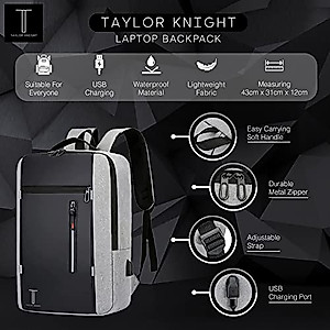 Taylor Knight Travel Laptop Backpack with USB Charging, Perfect for Business, School, College & Travel. Notebook Bag is suitable for Men and women, Great Gift for Laptop up to 15.6" (Grey)