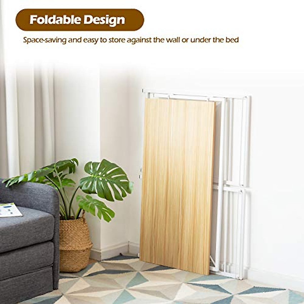 Tangkula Folding Computer Desk, Study Writing Desk with 6 Hooks, Modern Simple PC Laptop Desk with Sturdy Metal Construction, Space Saving Writing Table for Home Office (Natural)