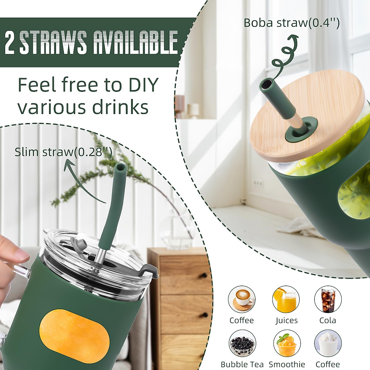32 oz Glass Tumbler with Straw and Lid, Glass Water Bottle with Handle, Iced Coffee Tumbler with Silicone Sleeve, Christmas Gifts for Women Men, BPA Free Glass Cup Reusable Drinking Glasses
