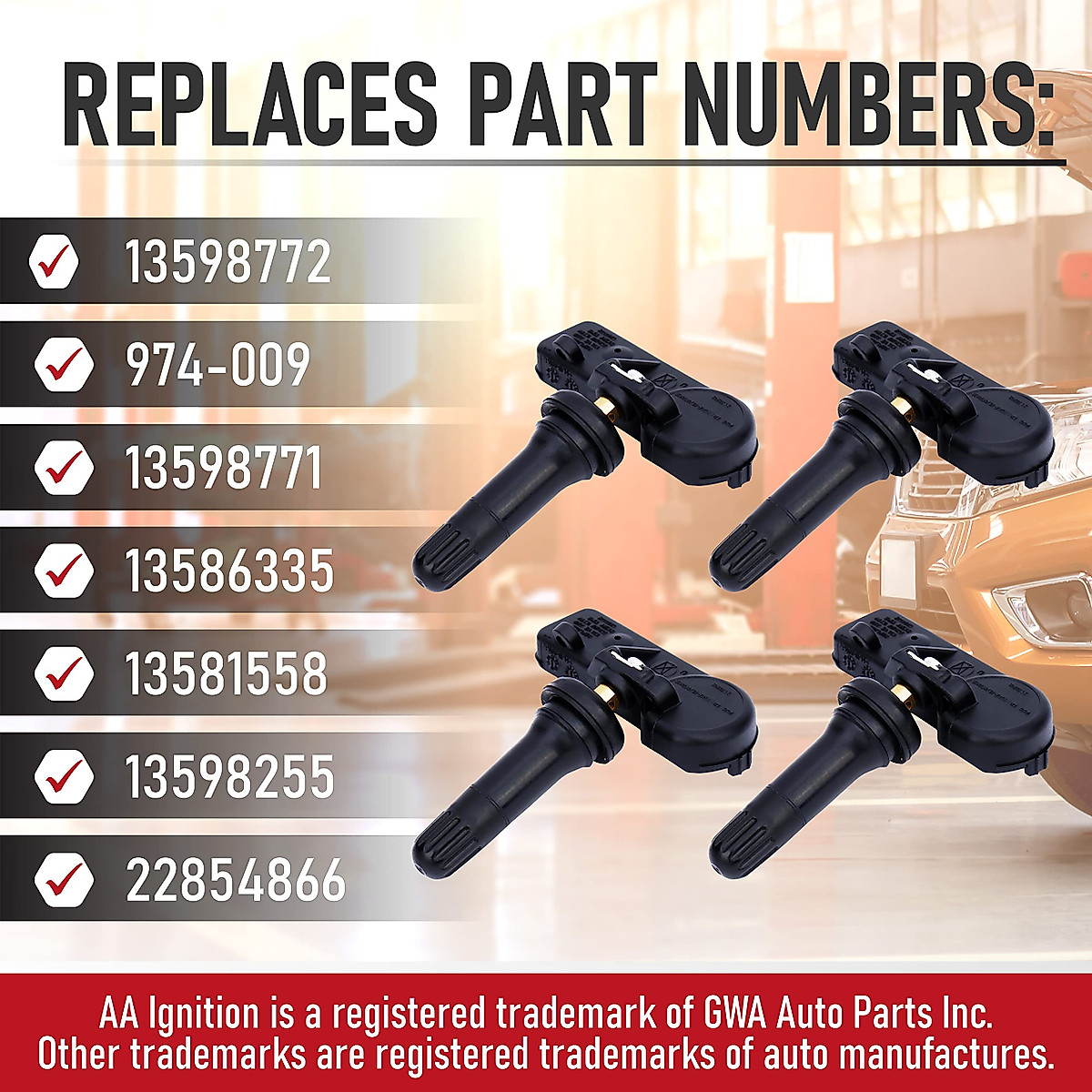 Replacement TPMS Sensor Set of 4 - Compatible with Buick, Cadillac, Chevrolet, GMC, Hummer, Pontiac, Saab, Saturn - Replaces 13598772, 974-009, 13598771-315mhz - Tire Pressure Monitoring System