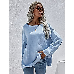 ECOWISH Womens Sweaters Loose Fit Long Sleeve Pullover Crew Neck Knit Sweater with Pockets 217 Blue X-Large