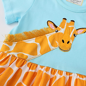RETSUGO Little Girls A-Line Dress Kids Cute Giraffe Short Sleeve Summer Sundress Toddler Girl Casual Cotton Outfits for Party 1-8 Years Giraffe-1056-2T