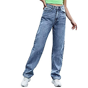 SweatyRocks Women's Casual Boyfriend Jeans High Rise Denim Pants with Pocket Blue M