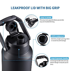 CIVAGO Half Gallon Insulated Water Bottle Jug, 64 oz Stainless Steel Sports Water Flask, Big Metal Canteen Growler with Storage Sleeve and Handle, Black Leopard