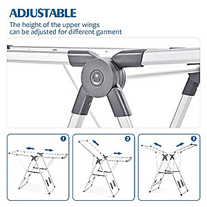 TOOLF Clothes Drying Rack, Aluminum Foldable 2-Level Drying Racks for Laundry, Large Foldable Laundry Stand with Height-Adjustable Gullwings, Sock Clips Hooks for Bed Linen, Clothing, Socks, Scarves