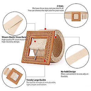Women Belts For Dresses, Elastic Straw Rattan Waist Band With Large Buckle