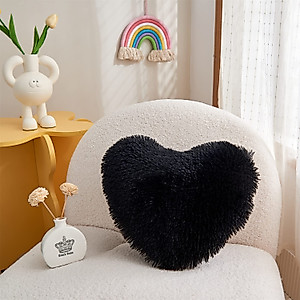 MOOWOO Black Fluffy Heart Pillow, Faux Fur Throw Pillow,Sherpa Plush Fluffy, Cute Soft Throw Cushion, Valentines Day,Thanks Giving Days,Christmas Day Decorative for Home Bed Couch (Black)