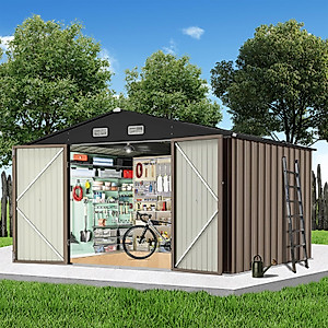 10x8 FT Metal Outdoor Storage Shed, Zstar Steel Utility Tool Shed Storage House with Lockable Door Design, Metal Sheds Outdoor Storage for Garden, Patio, Backyard, Outside Use, Brown