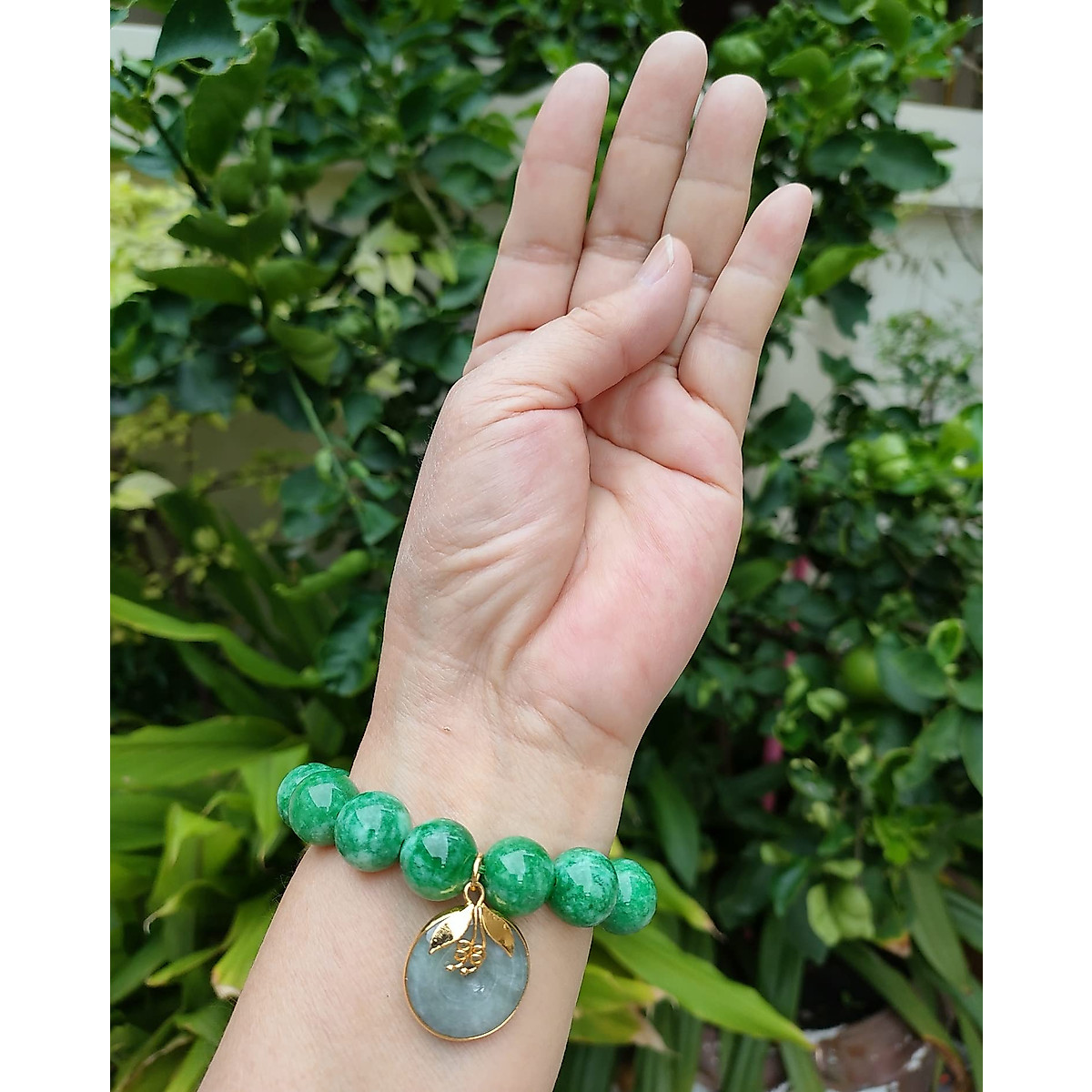 Heavens Tvcz Natural Green Jade Round 14 mm Gems Healing Energy Real Bracelet Bangle for Women Charms with Pendant Jade Coin Donut Money Powerful Thai Prosperity Success, Elastic Rope Inner Lenth