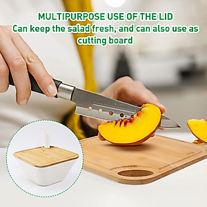 ECOWAY Bamboo Fiber Salad Bowl with Solid Wooden Bamboo lid and Servers, Large Mixing Bamboo Fruit Bowl Set with 2 Small Serving Bowls, Fork & Spoon for Salad, Soup, Pasta and Fruit (White, 150oz)