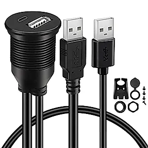 BATIGE USB 2.0 to Type C 2.0 Car Mount Flush Cable Dual Port Male to Female Extension Waterproof Cable for Car Truck Boat Motorcycle Dashboard Panel - 3ft