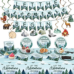 146 PCS Adventure Awaits Party Supplies Let The Adventure Begin Plates Napkins Adventure Table Cover Disposable Paper Plates Napkins Tablecloth Hanging Swirls Banner for Baby Shower Birthday Party