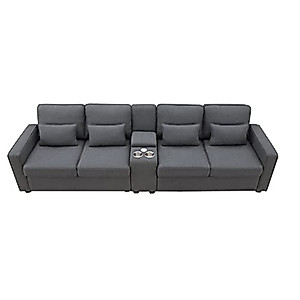 Ball & Cast 114.2" Linen Upholstered Sofa with Consoleand 2 USB Ports Wired or Wirelessly Charged,Modern 4-Seat Couches W/ 4 Pillows and Two Cupholders,for Living Room,Apartment,Dark Grey