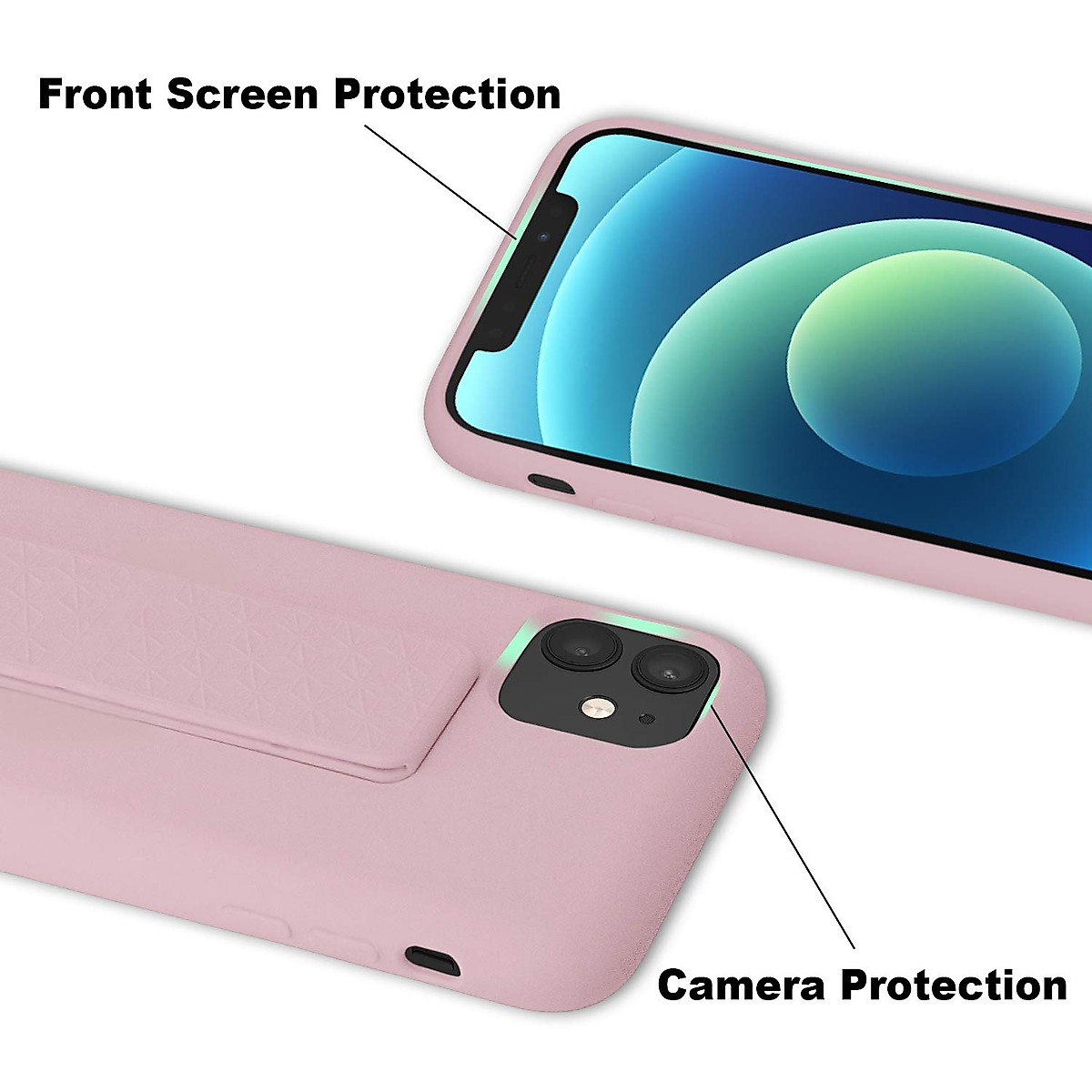 LAUDTEC iPhone 12 Mini Case with Kickstand, Vertical/Horizontal Stand Hand Strap Kickstand | Microfiber Linner | Liquid Silicone Full Body Protective Stand Case for iPhone 12 Mini 5.4'' Pink