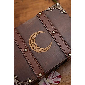 Gbrand 8.3" Wood and Leather Celtic Moon Chest Box, Crescent Wooden Box with Velvet Lining, Vintage Tarot Box (Box Only)