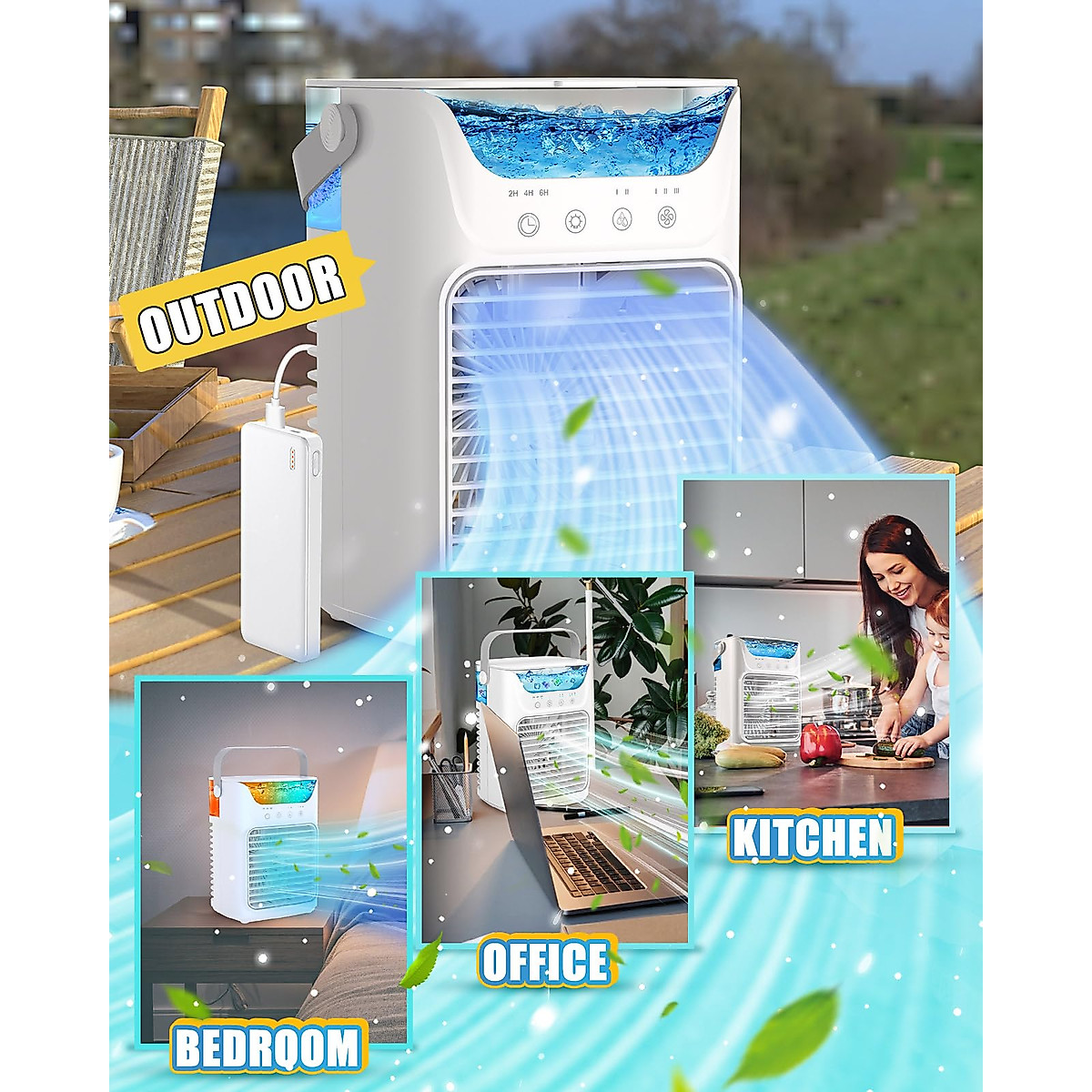 Portable Air Conditioners Fan, 2024 Upgraded Mini Air Conditioners Evaporative Air Cooler with 3 Cool Mist & Speeds, 3 Timer 7 Color Led, Small Air Conditioner Portable for Room Office Camping Car