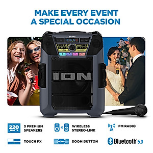 ION Block Rocker XL - Portable Bluetooth Outdoor Party Speaker, 220W, with Karaoke Microphone, Battery, 5 Speakers, Lights, Radio, USB Charging & App