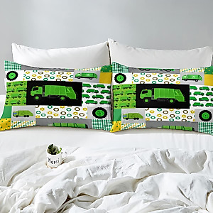 Feelyou Green Garbage Truck Sheets with Deep Pocket Fitted Sheet Powered Waste Management Recycling Trucks Sheet Set Cartoon Garbage Truck Bed Sheets Set for Kids Boys Girls Car Bedding Set Twin Size