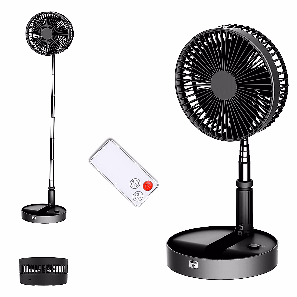 UN UNITEDTIME Desk Portable fan, My Foldaway Travel fan with remote Control Timer, Battery Operated or USB Powered,Adjustable Height Portable fan, 4 Speed Settings (Black)