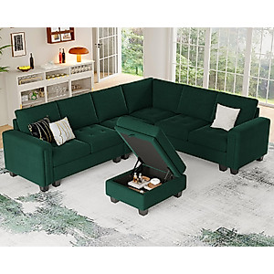 Belffin Velvet L Shaped Sofa Couch with Reversible Chaise Convertible Modular Sectional Sofa Set with Storage Ottoman Corner Sofa Set for Living Room Green