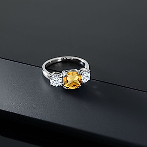 Gem Stone King 925 Sterling Silver Yellow Citrine 3 Stone Engagement Ring For Women | 4.50 Cttw | Gemstone November Birthstone | Cushion 8MM | Available in Size 5,6,7,8,9