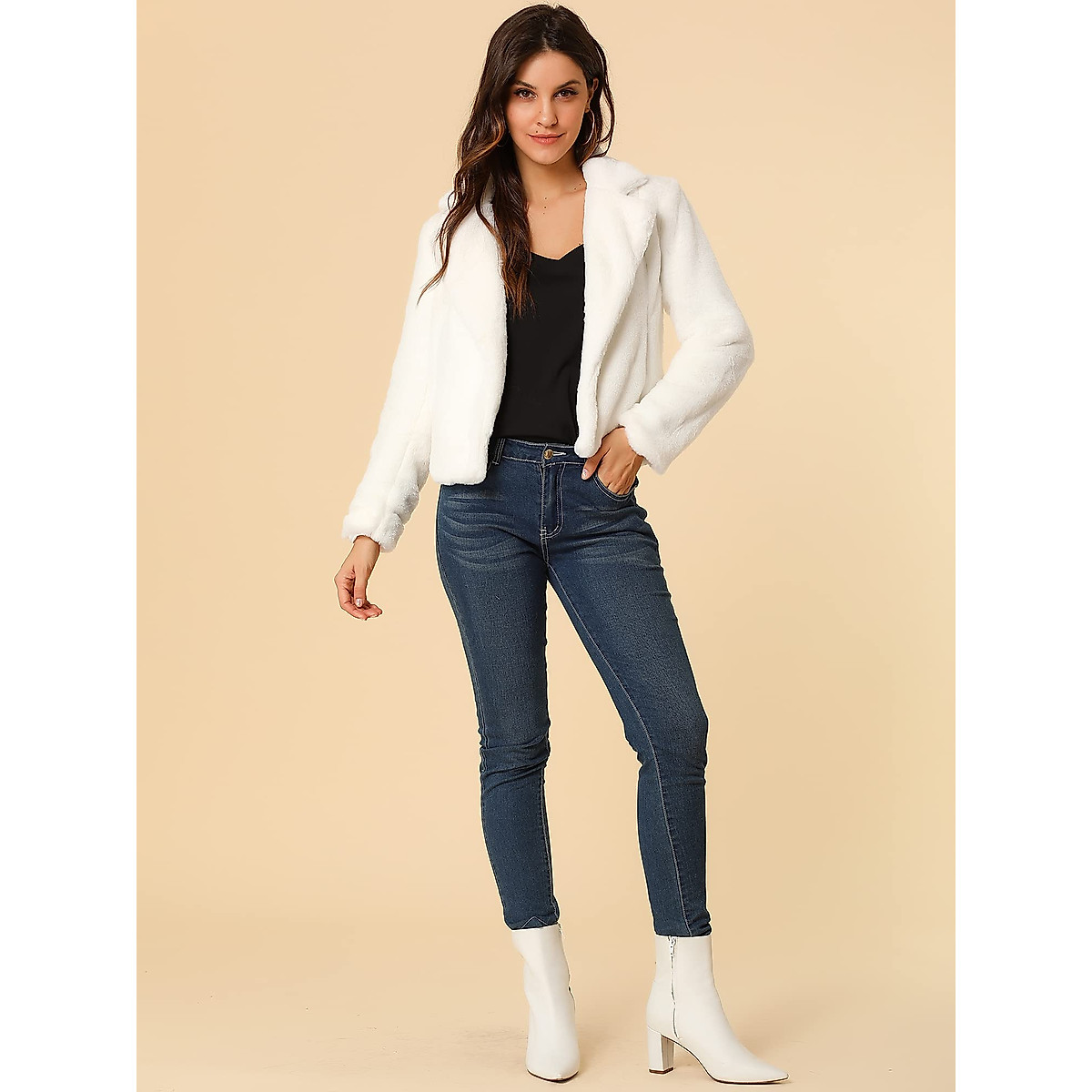 Allegra K Women's Cropped Faux Fur Jacket Lapel Cardigan Shrug 2024 Winter Fluffy Faux Fur Coat Large White