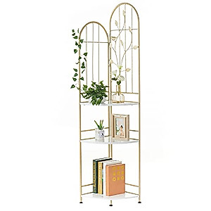 GOLASON Gold Corner Shelf with Storage, 3-Tier Tall Corner Bookshelf, Distinctive Plant Stand Flower Rack, Free Standing Display Shelving Unit for Living Room Kitchen Balcony (Gold and White)