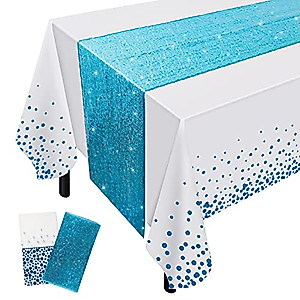 FGSAEOR Blue Tablecloth, 12x108inch Sequins Table Runners and 54x108inch Plastic Table Cloths for Party Decorations, Sparkling Party Supplies Table Cover for Indoor Outdoor Parties