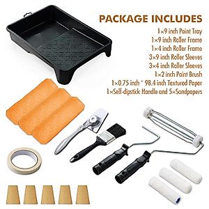 PILOT FISH 17 Pcs Paint Roller Kit, 9 Inch 4 Inch Paint Roller with Frame, Paint Supplies for Wall Painting, Paint Brush Paint Tray Microfiber Roller Covers for Home Painting Painting Tools for Indoor