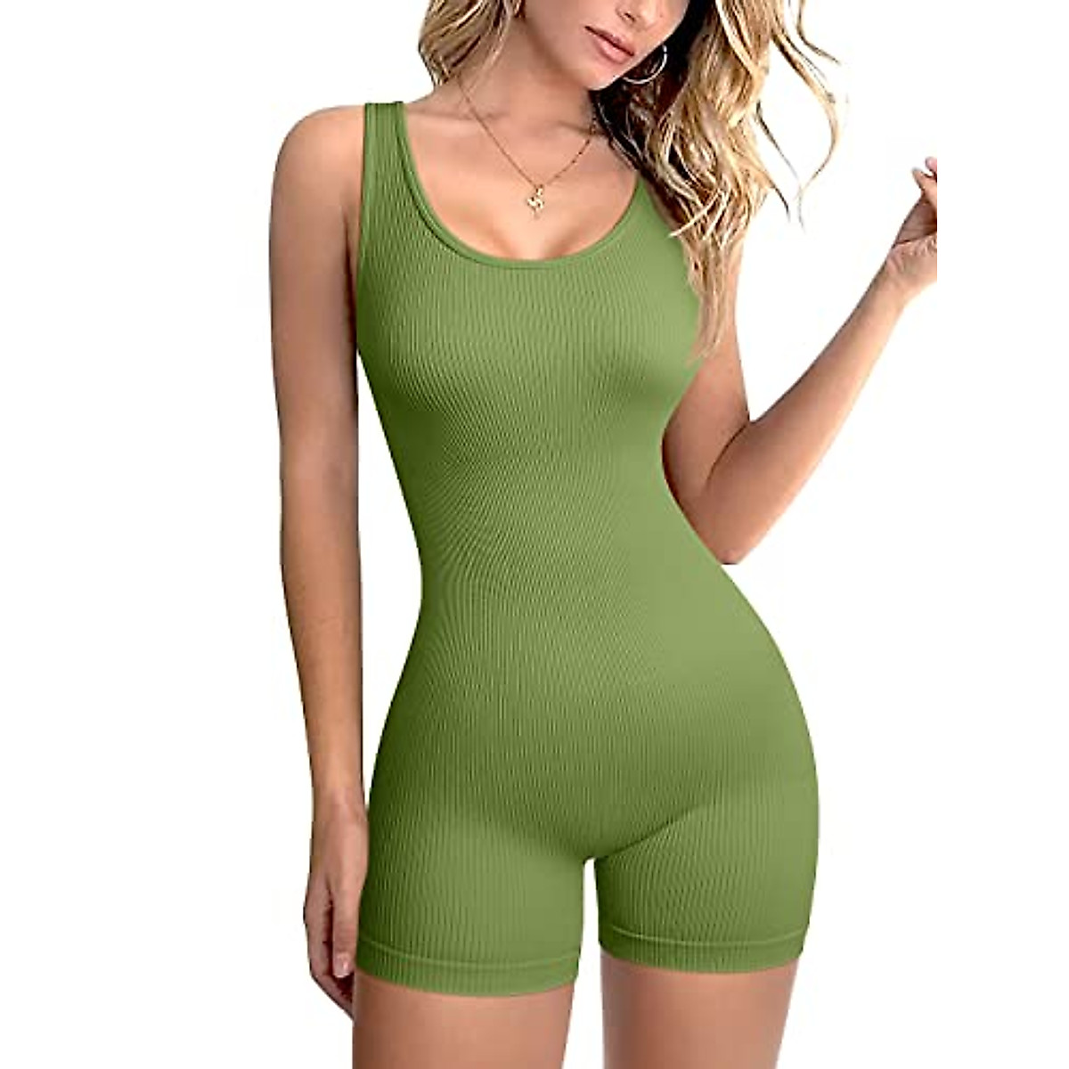 OQQ Women's Yoga Ribbed Round Neck Sleeveless Tank Top Exercise Romper, Avocado Green, Medium