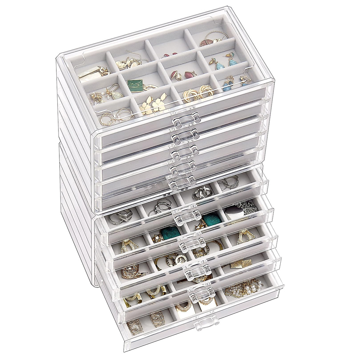 ProCase Earring Holder Organizer Jewelry Box with 10 Drawers, Acrylic Clear Earring Case with Adjustable Velvet Trays for Women - Grey, 10 Layers