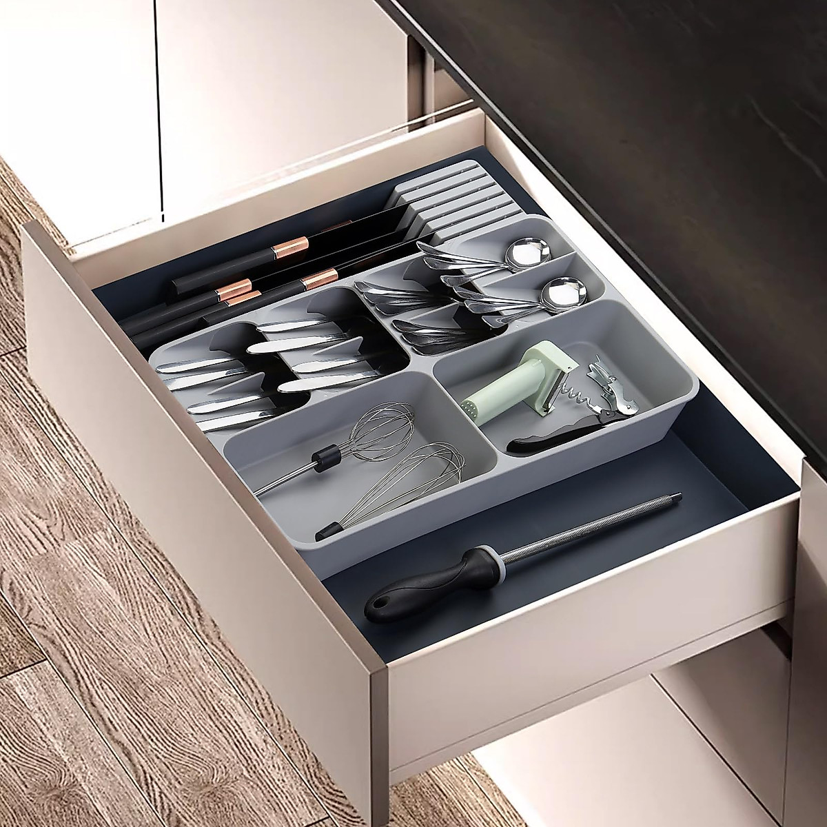 SEVEN LUCKY LIGHT Silverware Organizer Expandable Cutlery Drawer Organizer Food Grade PP5 Utensil Drawer Organizer BPA Free