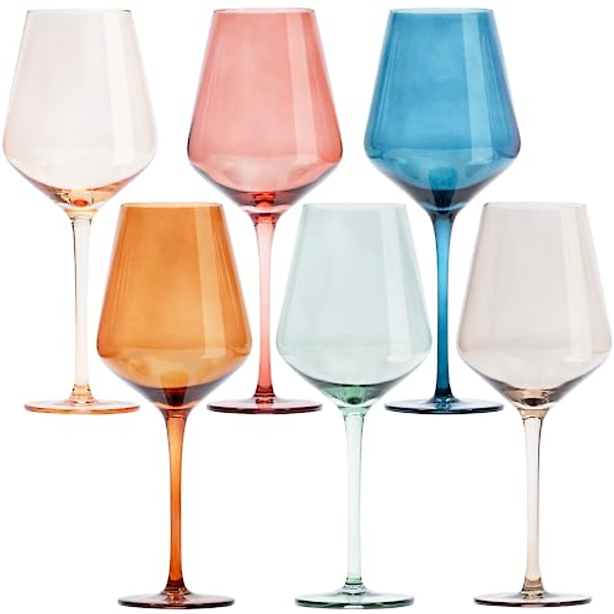 FyneDyne Boho Jewel-Toned Wine Glasses, Stained Cocktail Cups, Drinkware Bar Set for Rack, Set of 6 Stemmed Unique Drinking Glasses 16oz