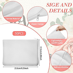 Frienda 50 Pieces Sublimation Blank Canvas Makeup Bags Bulk Blank DIY Heat Transfer Cosmetic Makeup Bags Canvas Pen Case Pencil Bags Clear Sublimation Blank Pouch with Zipper (White,9 x 6.89 Inch)