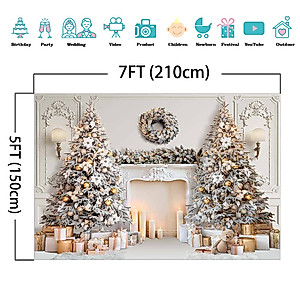 Mocsicka Classic Christmas Interior Room Photography Backdrop White Christmas Fireplace Photo Background Decorated Xmas Tree Family Kids Holiday Party Banner Decorations Photo Booth Props (7x5ft)