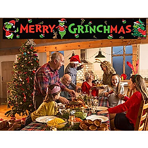 Huras Large Merry Grinchmas Sign Banner Grinch Theme Christmas Banner Christmas Party Supplies Decorations Black Xmas Holiday New Year Party Supplies Christmas Yard Sign Banner - 9.8 X 1.6 FT