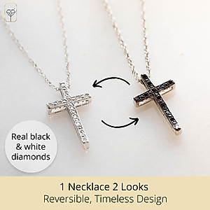 MAX + STONE Reversible White & Black Diamond Cross Necklace | Sterling Silver Diamond Necklace with Adjustable 18” or 20” Chain | Real Diamond Cross Pendant Necklace | Silver Cross Necklace