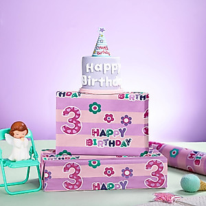 WRAPAHOLIC 3rd Birthday Wrapping Paper Sheet - 6 Sheets Pink Happy Birthday with Floral Design Folded Flat for Birthday, Party, Baby Showers - 19.7 Inch X 27.5 Inch Per Sheet