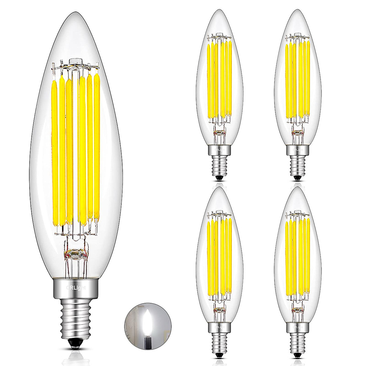 CRLight 10W High Brightness Dimmable LED Candelabra Bulb 5200K Daylight White, 90W Equivalent 900LM E12 LED Bulbs, Upgraded Lengthened B11 Clear Glass Chandelier Light Bulbs, 4 Pack