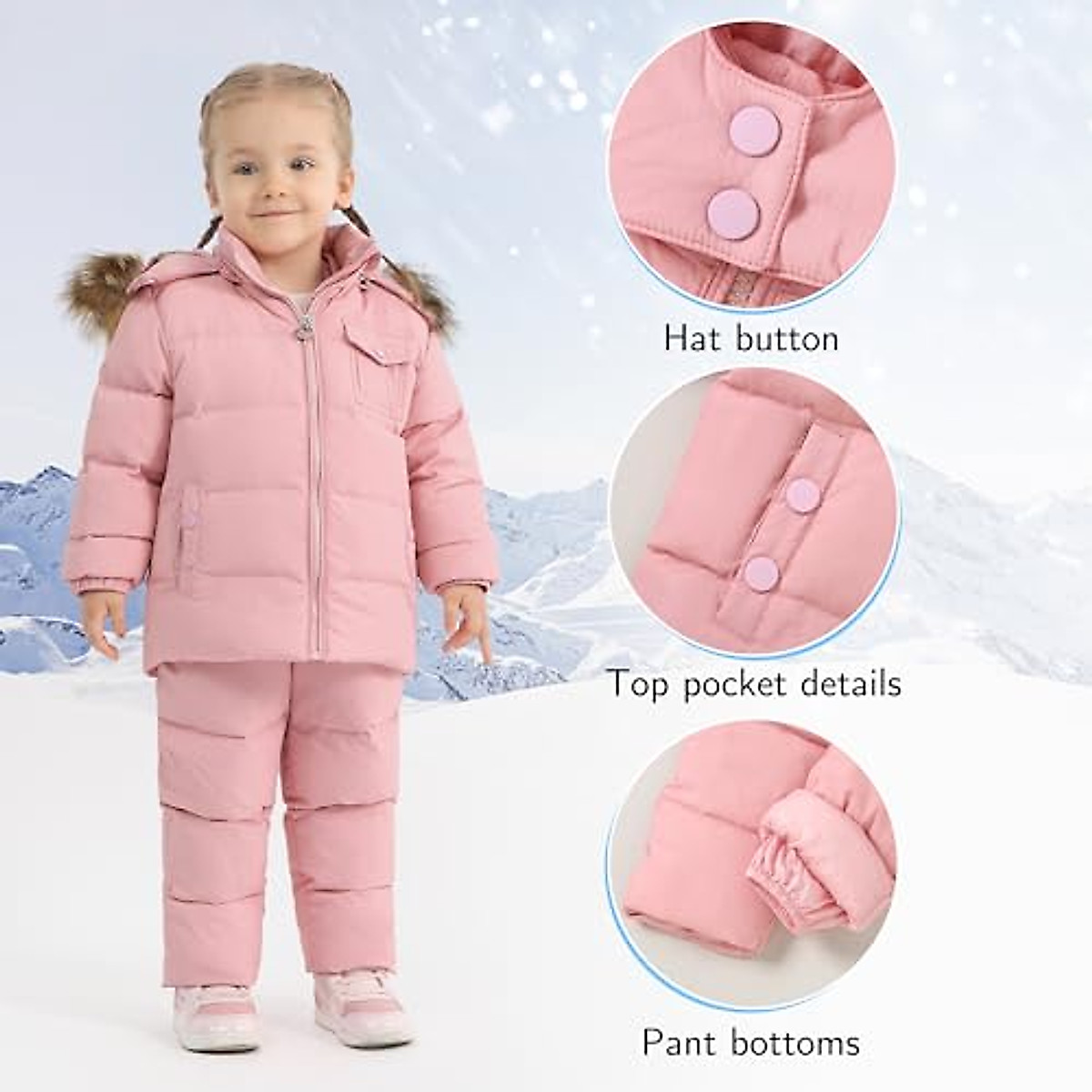 CARETOO Toddler Boys Girls Winter Down Coats Snowsuit Outerwear 2Pcs Clothes Hooded Jacket Snow Ski Bib Pants Outfits Set