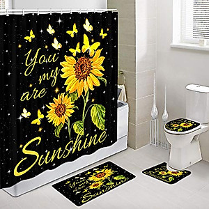 JAWO Sunflowers Butterfly Shower Curtain and Bath Mat Set 69x70 Inch, You are My Sunshine Inspirational Quote Words, Bathroom Mat Set with Contour Toilet Mat, Mat and Toilet Lid Cover
