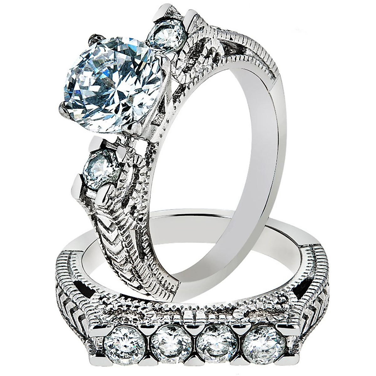 Marimor Jewelry His and Hers Stainless Steel 2.95 Carat Cubic Zirconia Bridal Set and Men's Eternity Wedding Band Women's Size 10 Men's 06mm Size 10