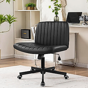 BFTOU Black PU Stool Chair with Wheels Height Adjustable Swivel Vanity Chair for Home Office Desk Chair with Wide Seat