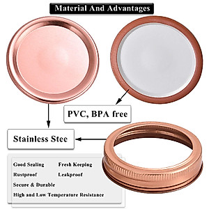 Mason Canning Lids and Rings,Aulufft 24 Sets Mason Jar Split-type Lids and Bands Leak Proof Secure Stainless Steel Mason Storage Covers, Rose Gold