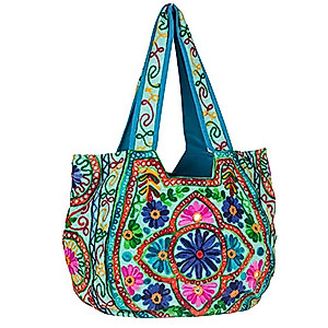 Floral Tote Shoulder Bag Large Colorful Everyday Travel Market School Women Fashion Girl Unique (Blue Floral)