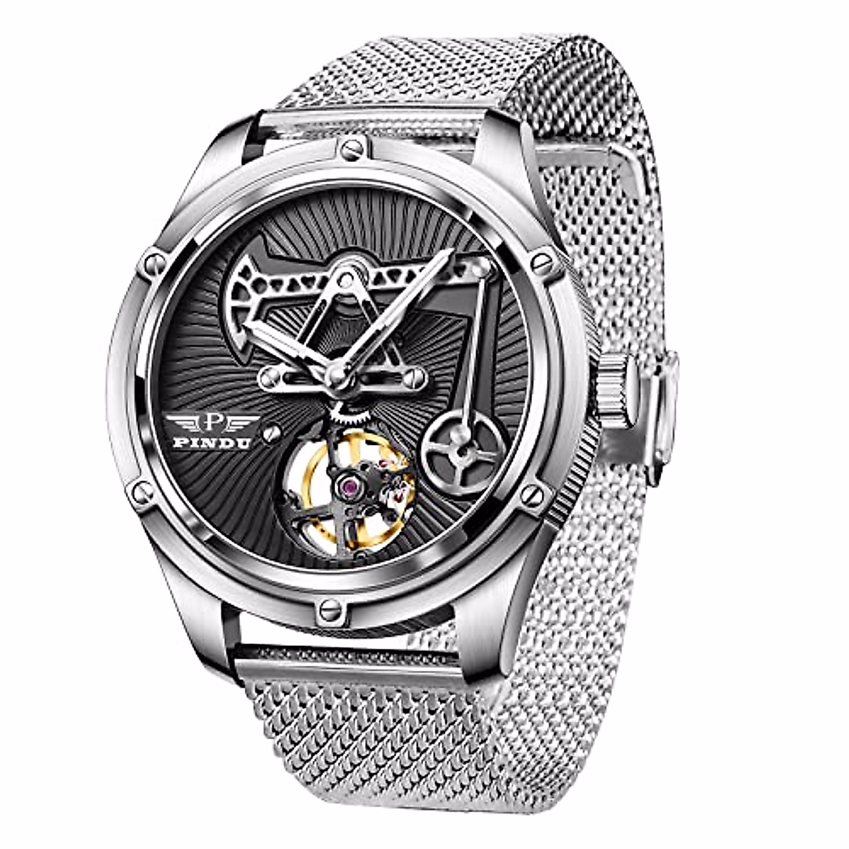 PINDU Automatic Watches for Men, Self-Designed and Modified 8215 Movement Oil Well Digging Design 50M Waterproof Analogue Watches Mens Unique Cool Mechanical Watch (Black Dial Silver Mesh Strap)